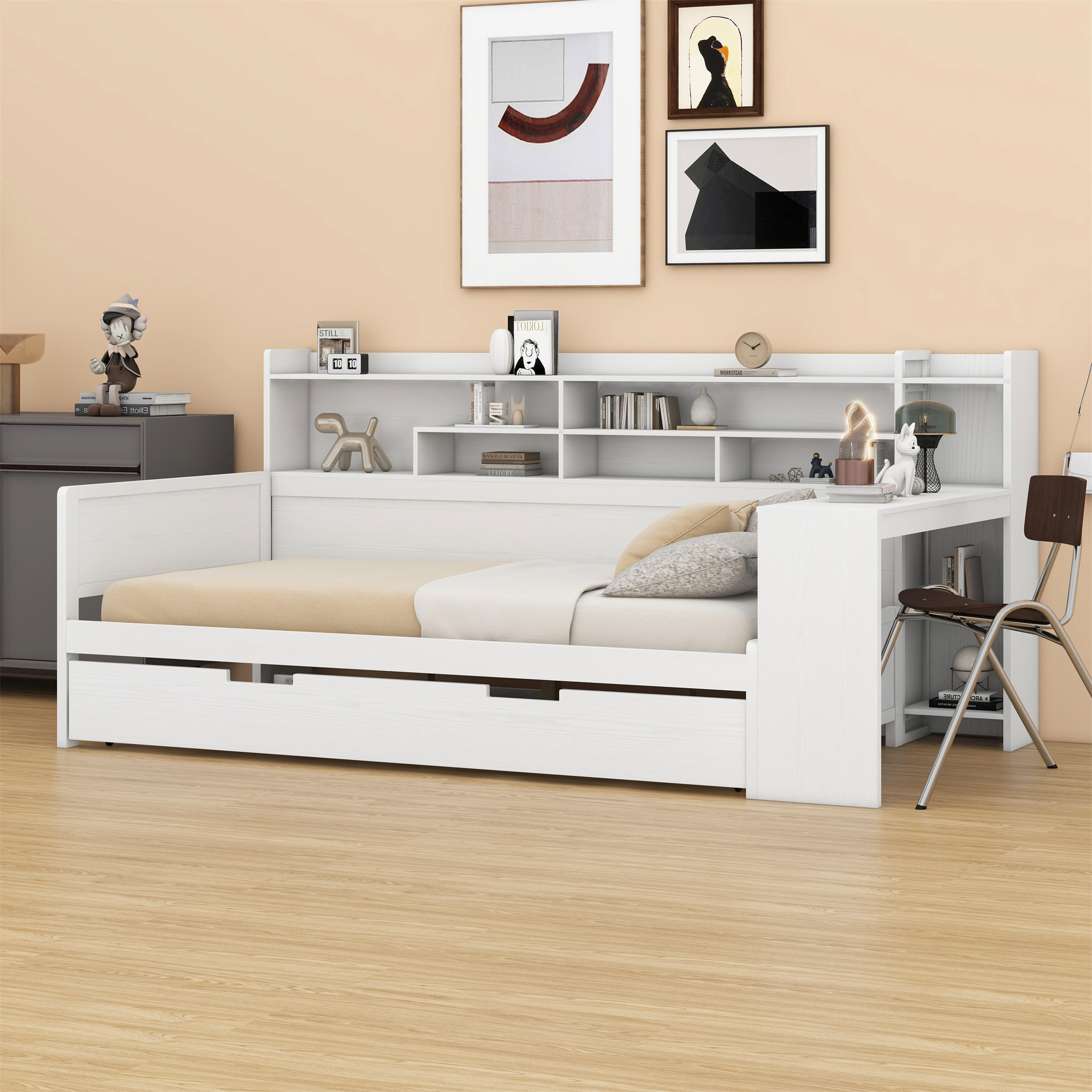 Lark Manor Wooden Daybed With Storage Shelves,Trundle Bed And Study ...