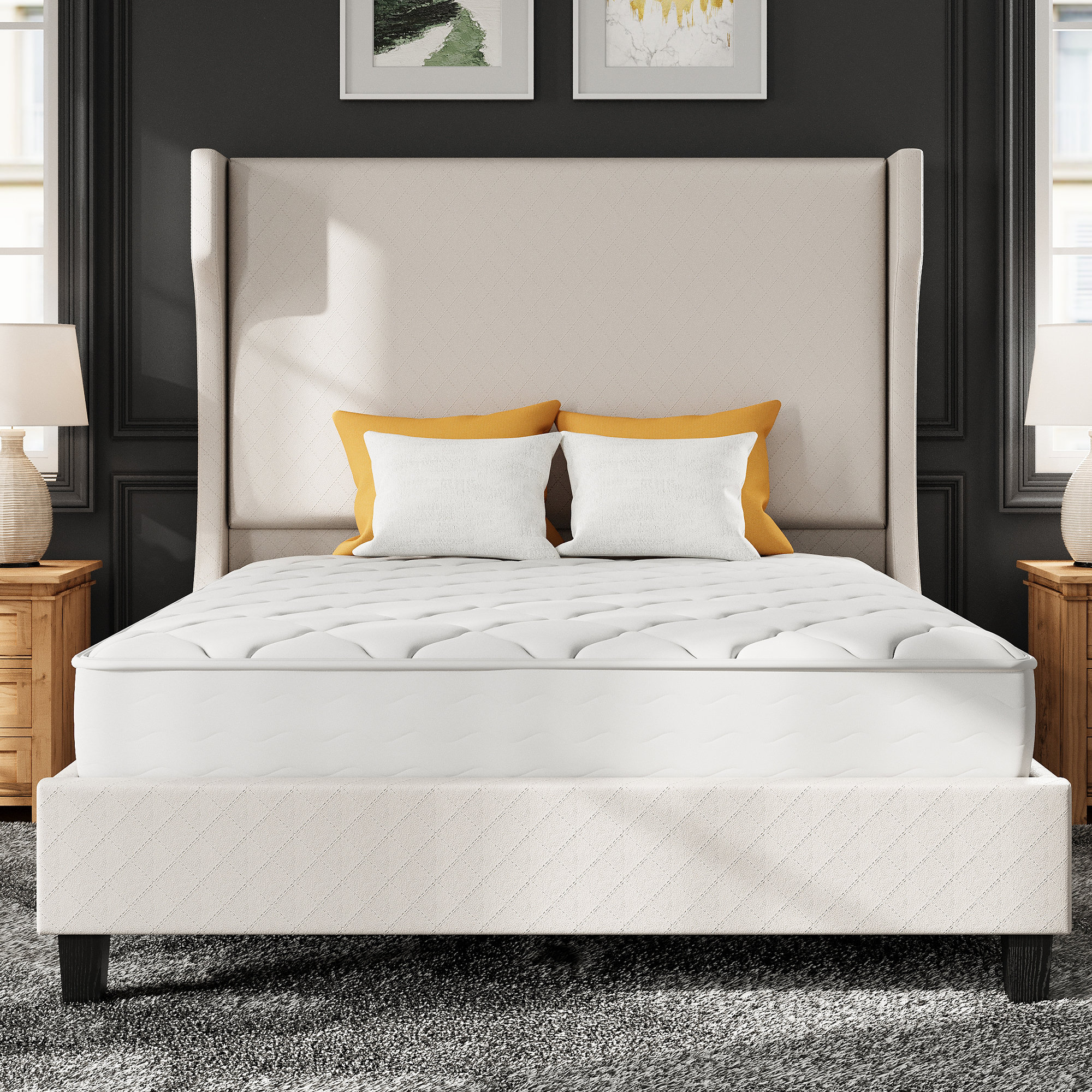 Ebern Designs Queen Bed Frame With 53.6" High Headboard, Upholstered ...