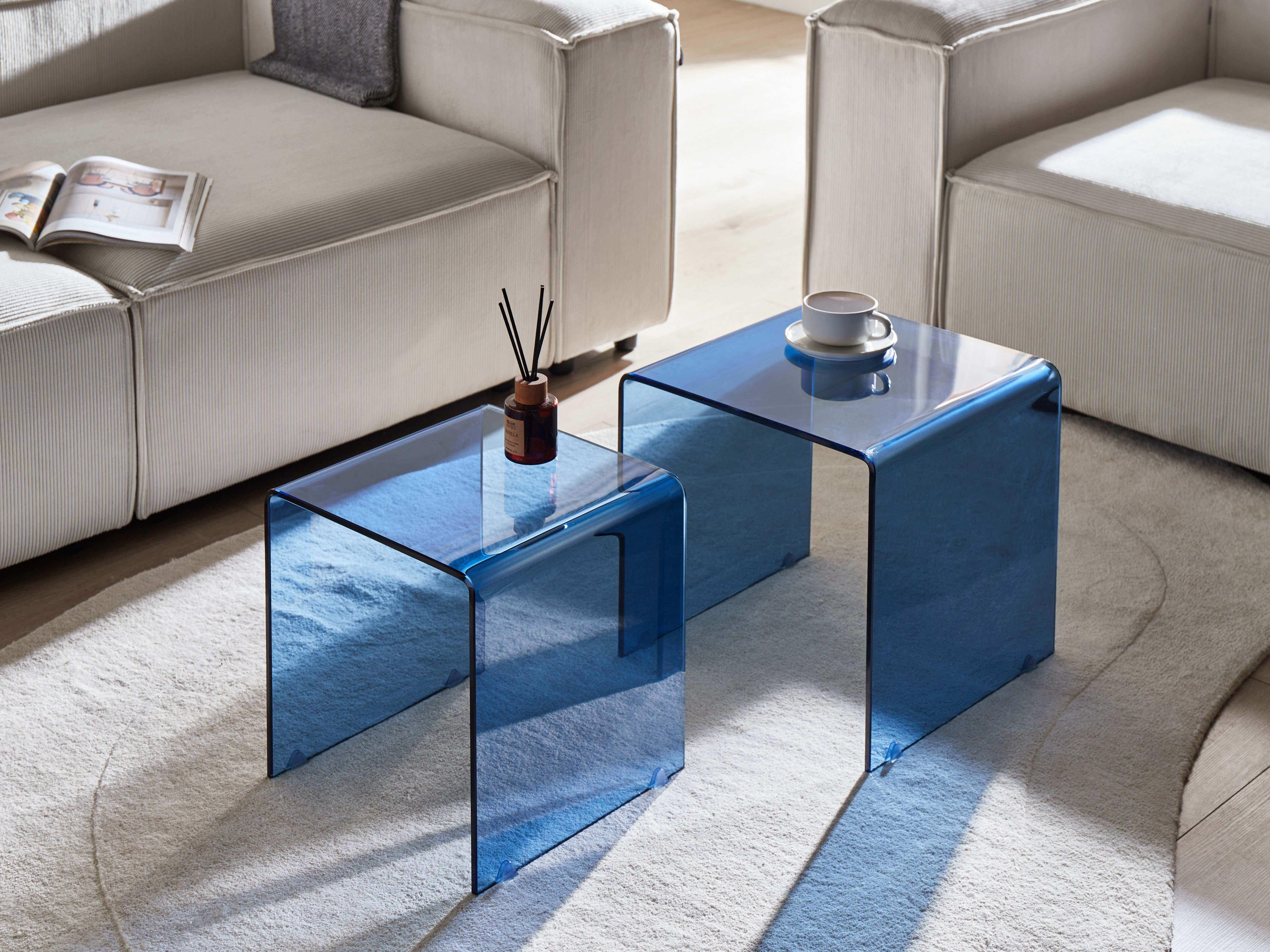 Ivy Bronx Set of 2 Side Tables KENDALL Tempered Glass Blue | Wayfair.co.uk