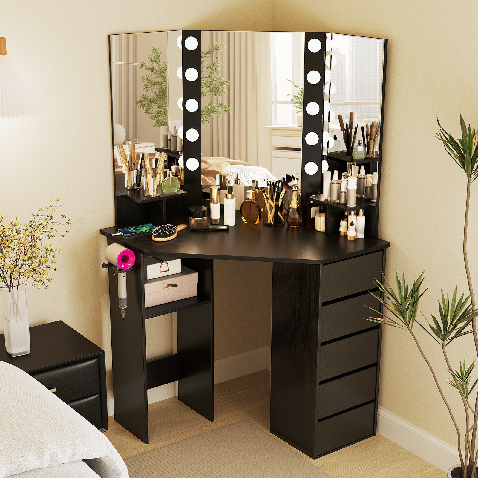 Latitude Run® Corner Makeup Vanity Desk Makeup Dresser Table With 3 ...