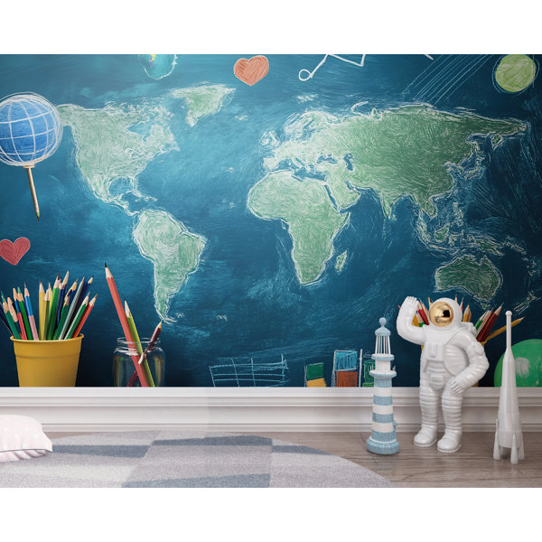 Stickalz Educational World Map Wallpaper – Classroom Chalkboard Style ...