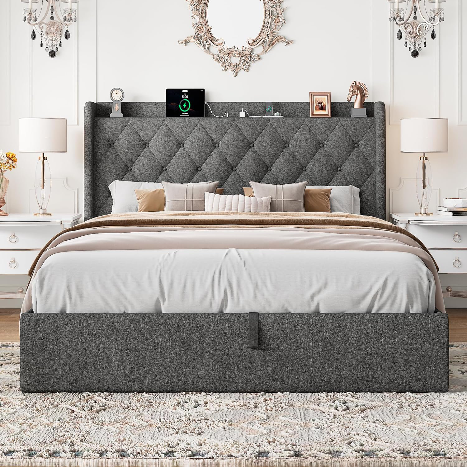 Latitude Run® Full Size Lift Up Storage Bed Frame With Charging Station ...