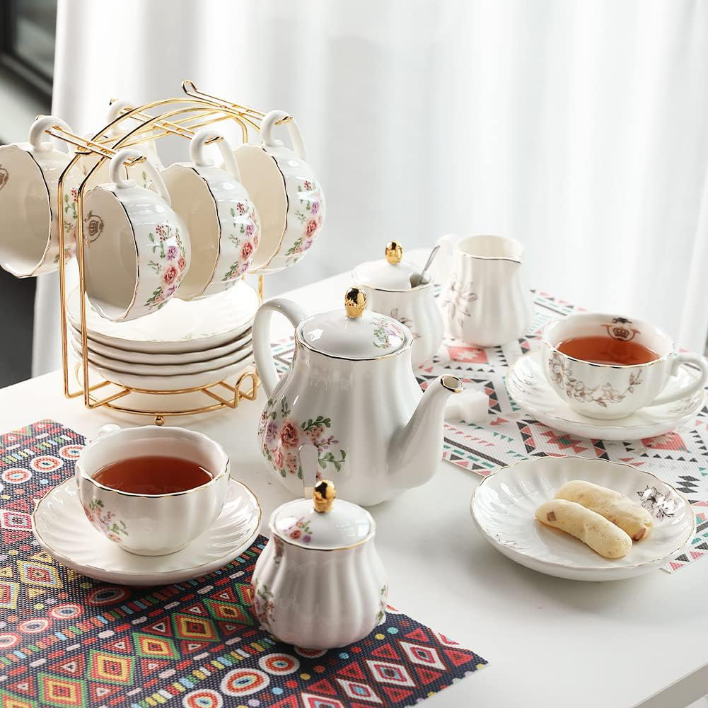 DESGENT Rose Flower Porcelain Tea Sets 22 Pieces British Royal Series ...