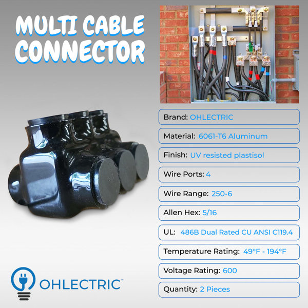 OHLECTRIC Black Insulated Multi-Cable Connector, 250-6 Wire Range, Dual ...