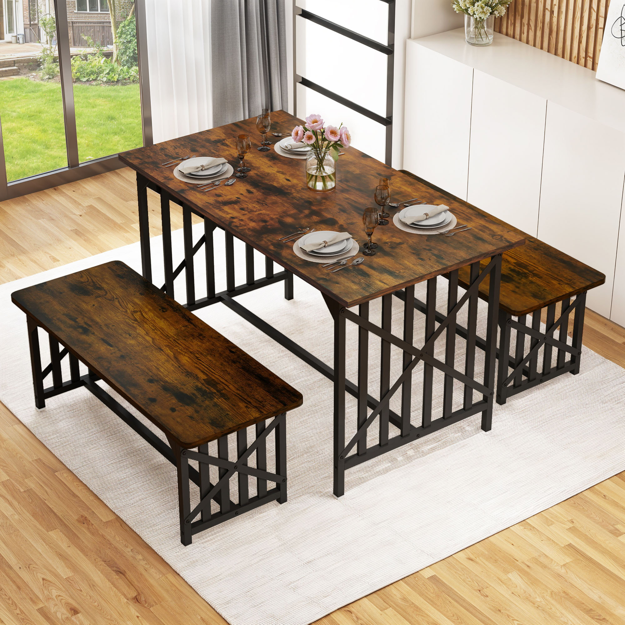 17 Stories Oronoco 3-Piece Dining Table Set wth 2 Benches - Wayfair Canada