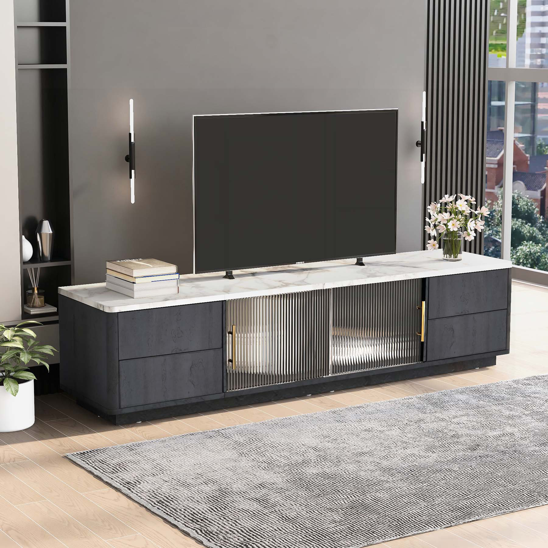 Ivy Bronx Modern TV Stand with Four Drawers and Large Storage Cabinet ...