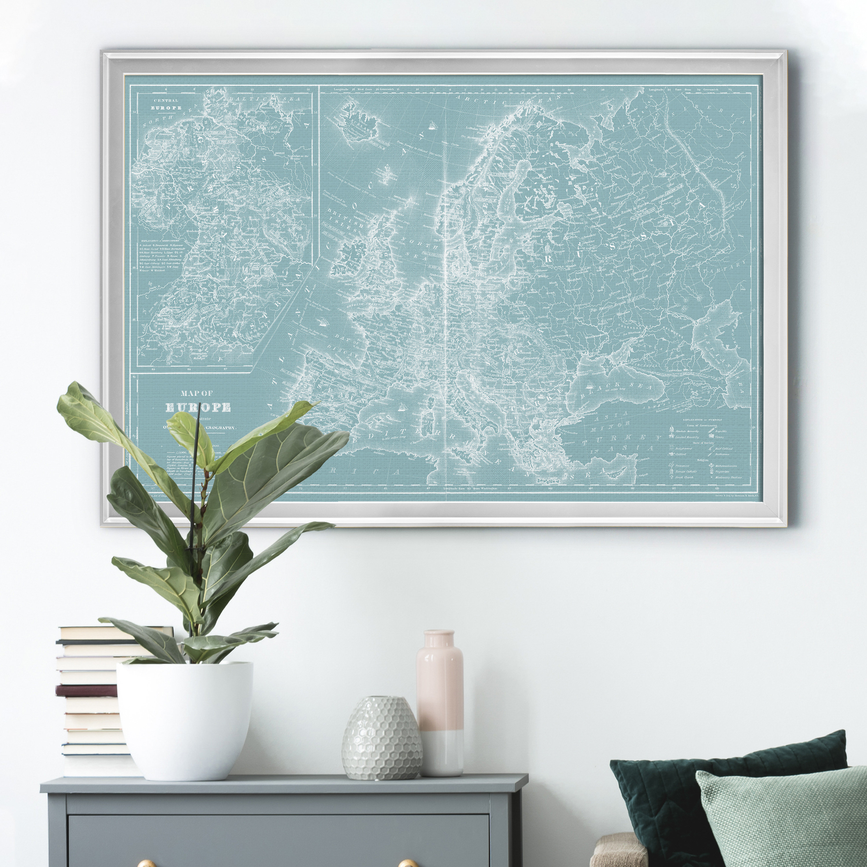 Breakwater Bay Map of Europe on Aqua - Picture Frame Print | Wayfair