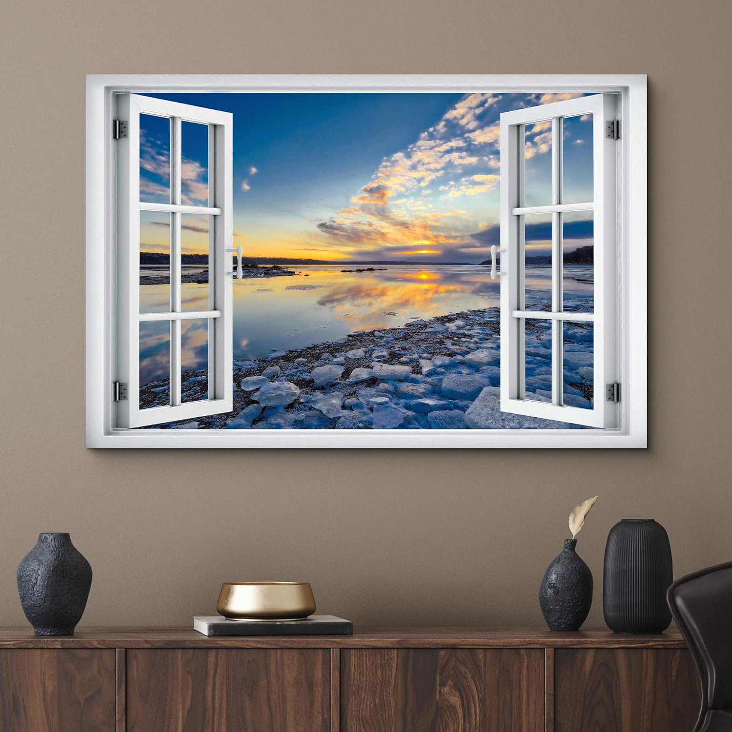 IDEA4WALL Window Scenery " Window View Rustic Vibrant Sunset Lake ...