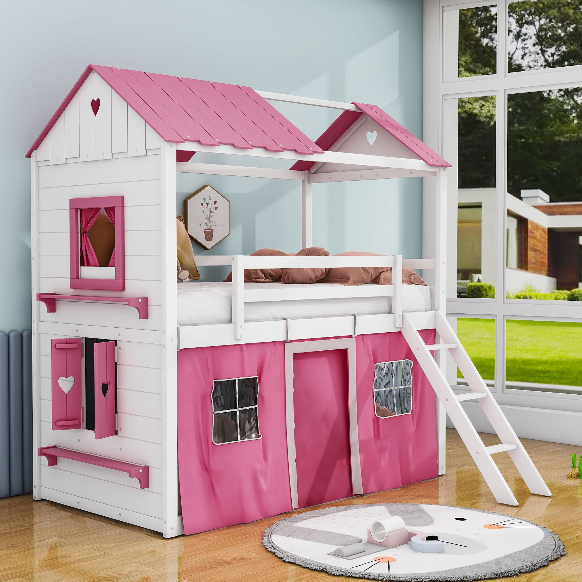 Harper Orchard Wooden Bunk Bed With Windows, Tent And Ladder - Wayfair ...