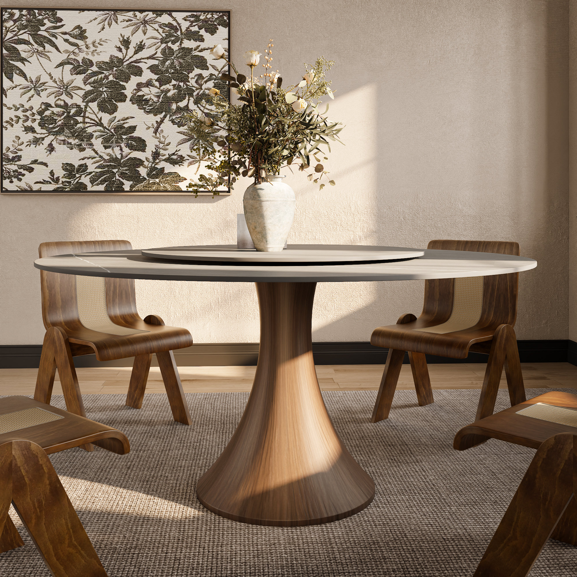 Orren Ellis Luxury Gray Turntable Round Dining Table Solid Wood Base ...