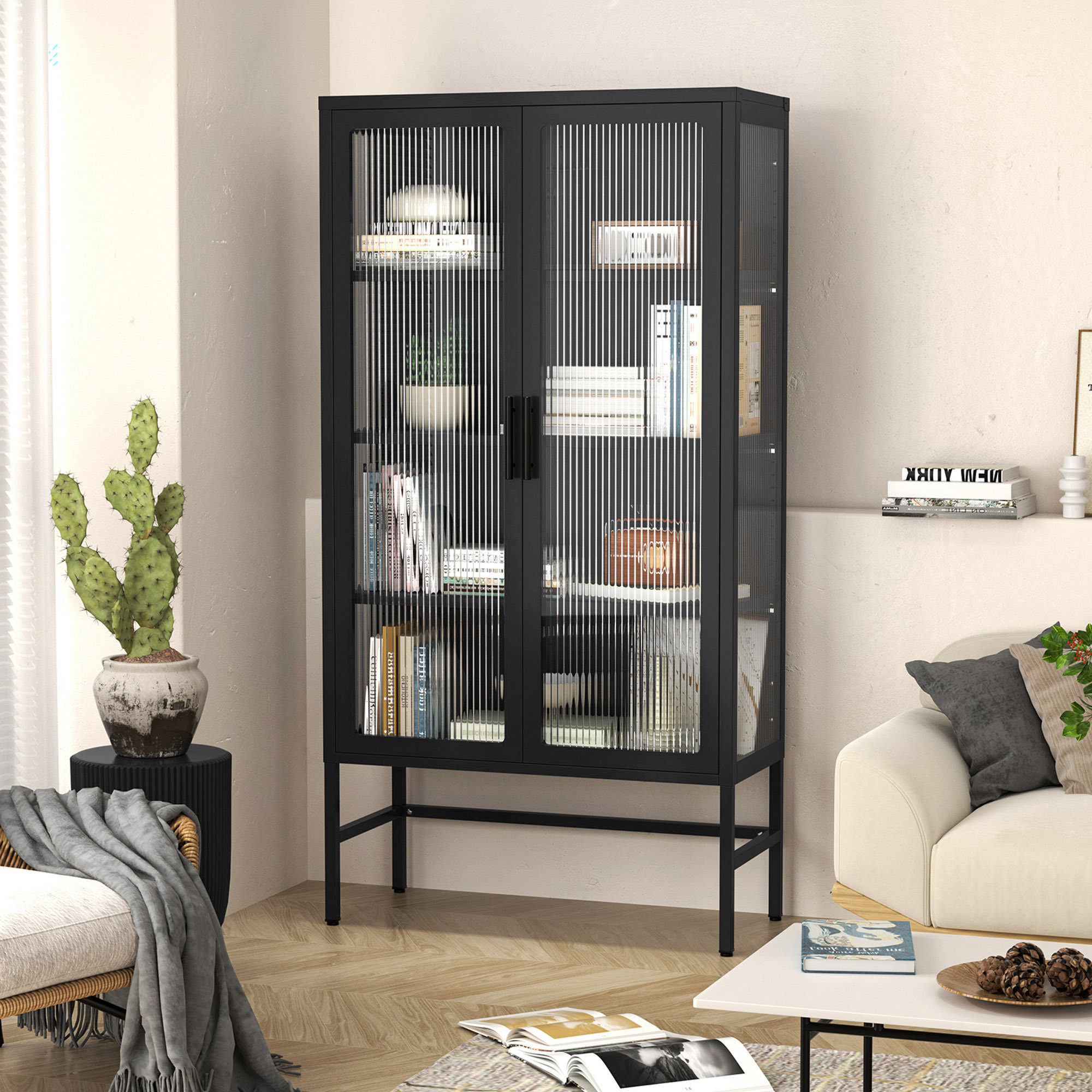 Latitude Run® Anaan Double Glass Door Storage Cabinet for Living Room ...