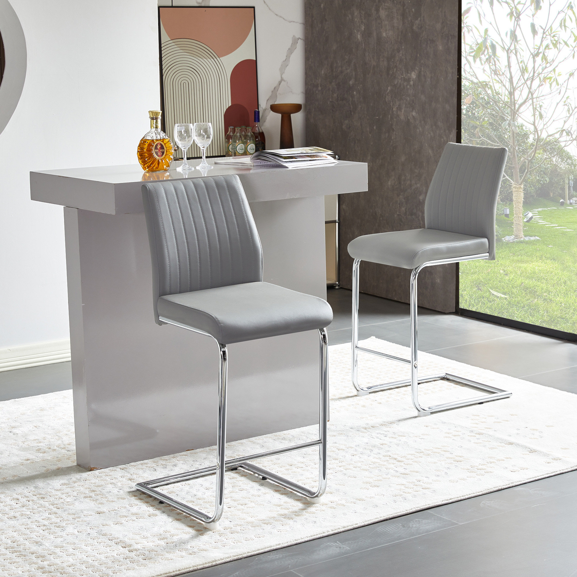 Brayden Studio® Modern Simple Bar Chair PU Leather Chrome Metal Pipe ...