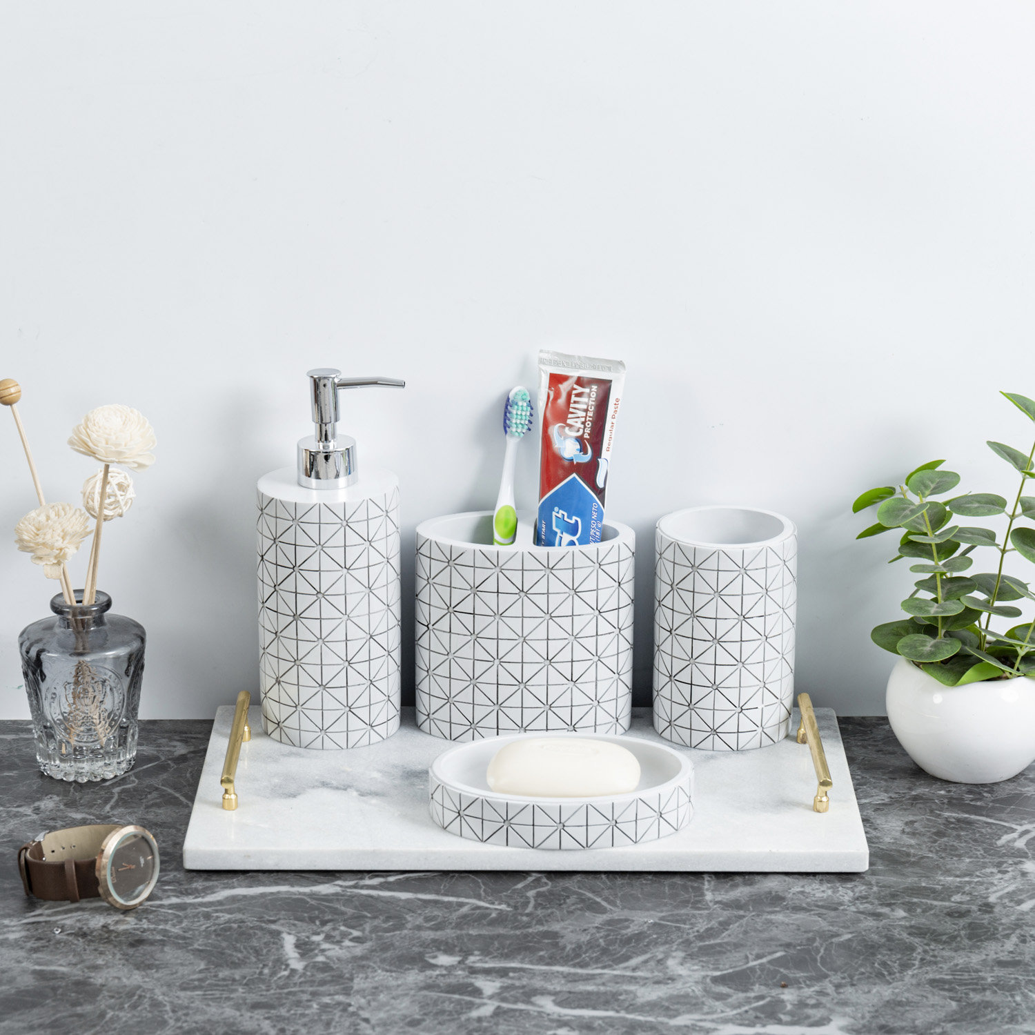 Ebern Designs Nilsen 4 Piece Bathroom Accessory Toothbrush Holder Sets ...