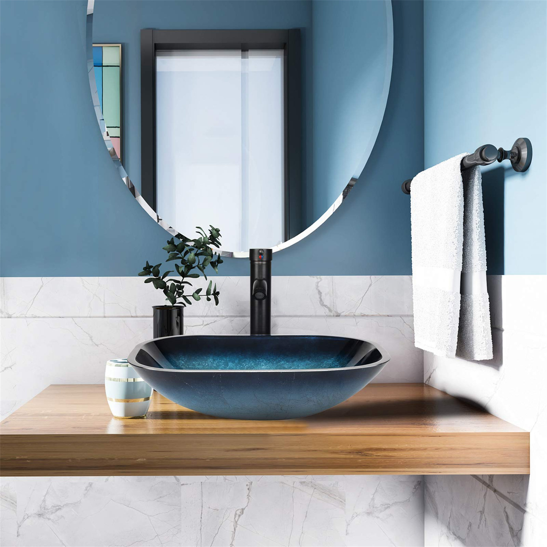 RAYS 14.8'' Ocean Blue Glass Rectangular Bathroom Sink with Faucet ...