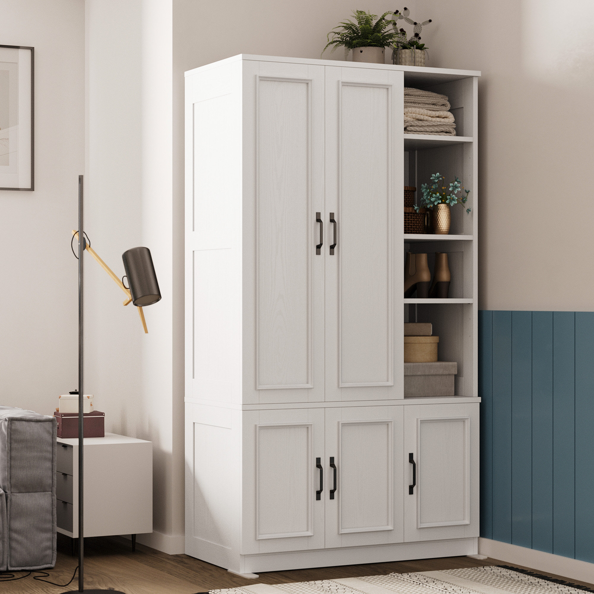 Lark Manor™ 5-Door Wooden Wardrobe With Hanging Poles & 4 Open Storage ...