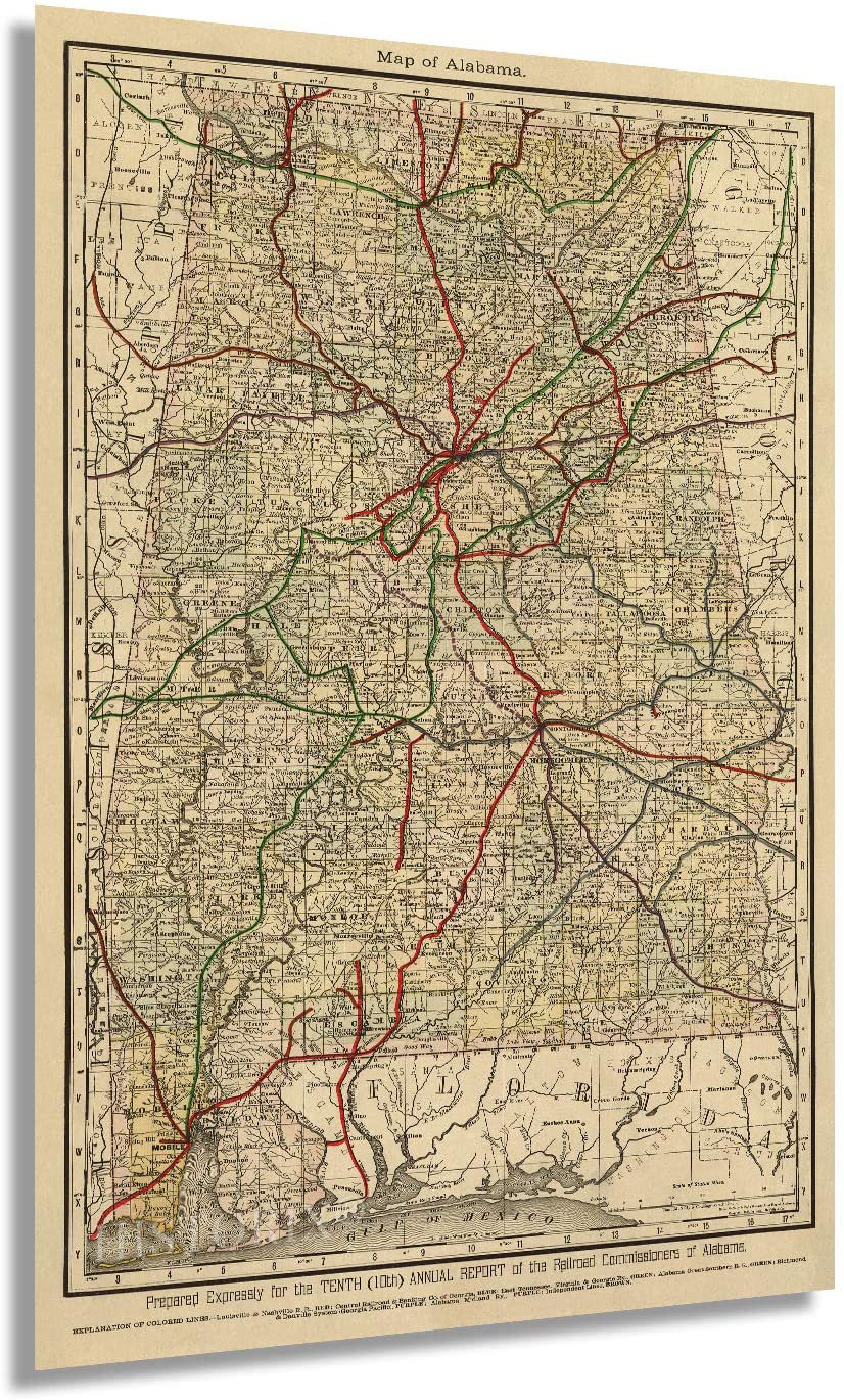 HISTORIC PRINTS Historix Vintage 1888 Map Of Alabama - 24X36 Inch ...