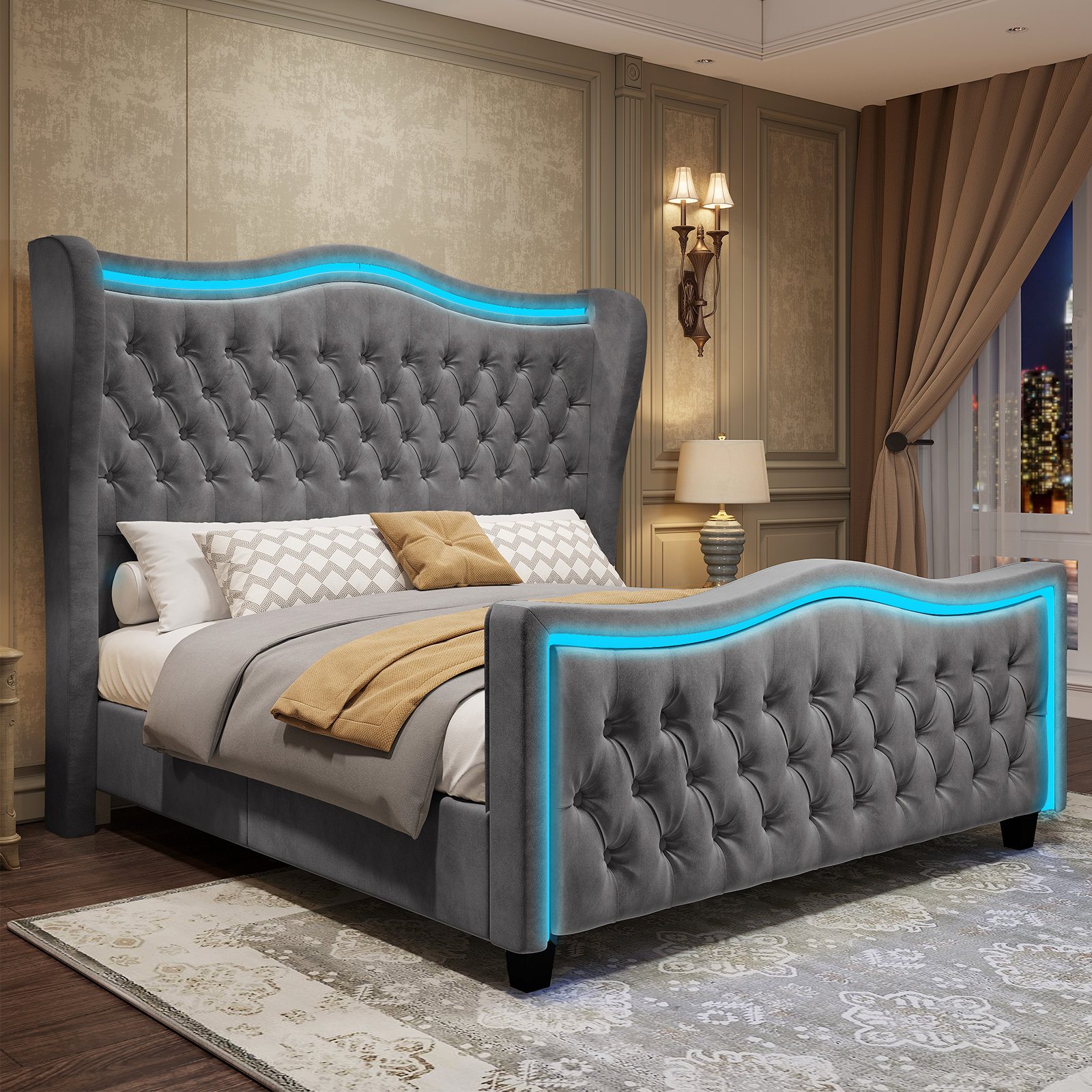 Wrought Studio™ Bed Frame With Led Lights, 53'' Upholstered Platform ...