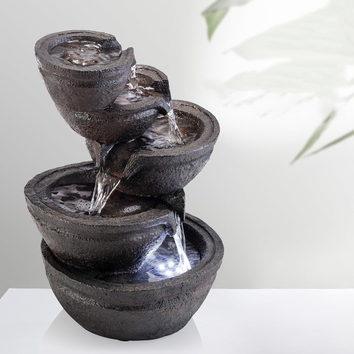 Ivy Bronx Indoor Tabletop Tiering Bowls Water Fountain with LED Lights ...