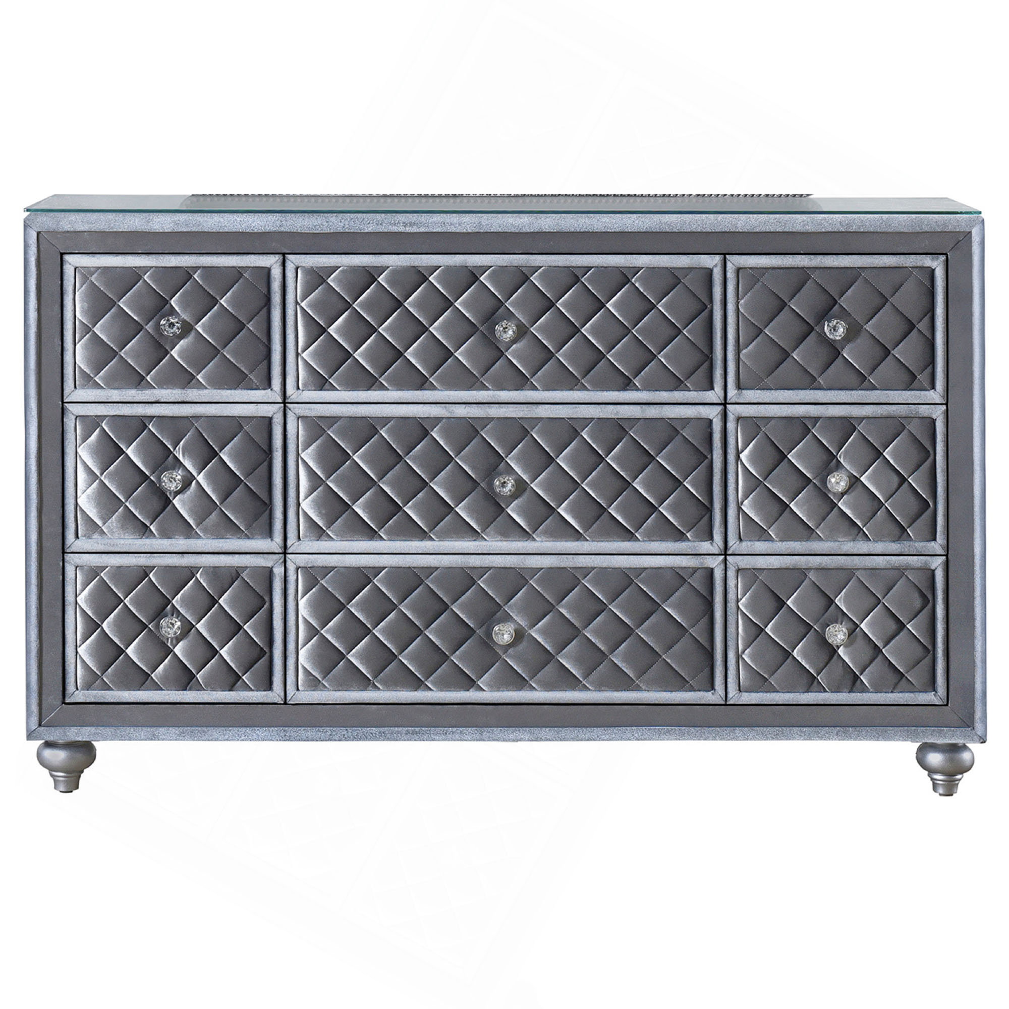 Mercer41 1Pc Glam 9-Drawer Dresser W Tempered Glass Top Velvet Tufted ...