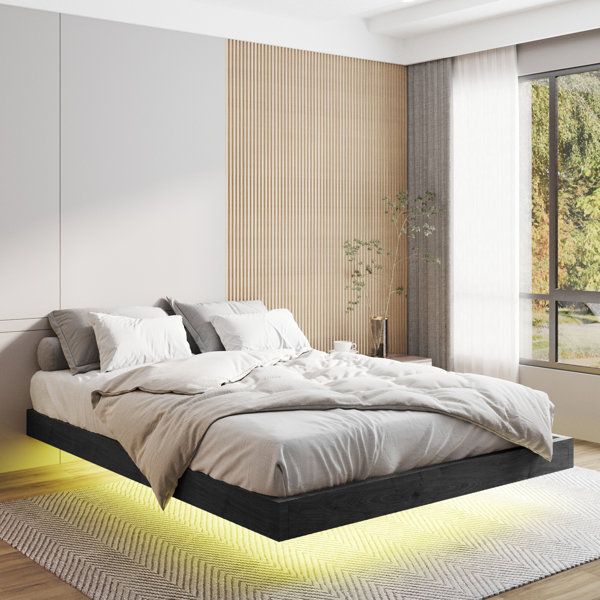 Ivy Bronx Graem Floating Bed Frame RGB LED - Solid Wood - No Box Spring ...