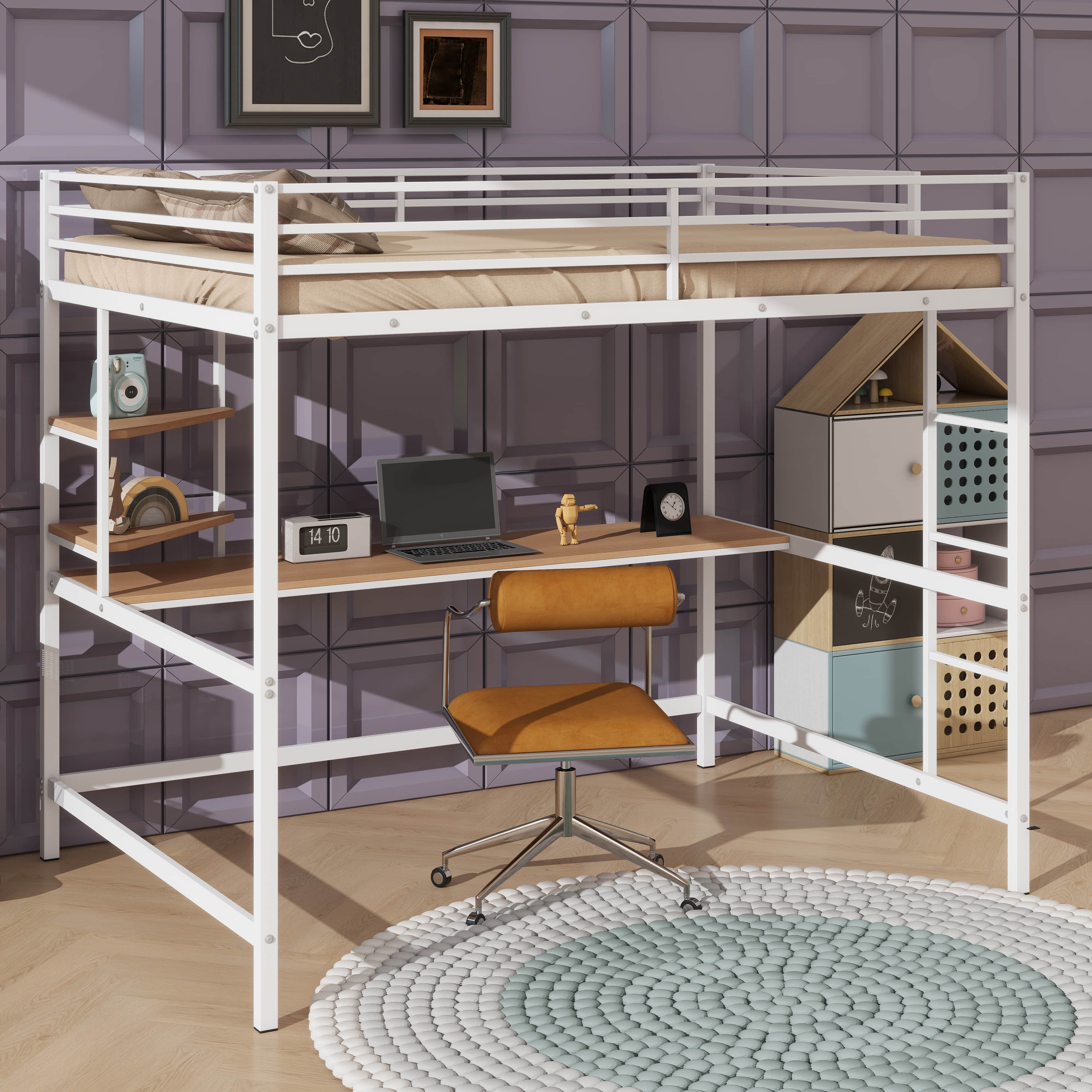 XIUYE Full-Sized Metal Loft Bed With Attached Desk, Shelves, Full ...