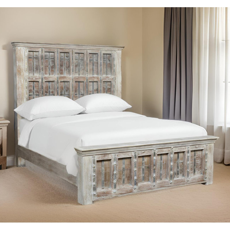 HomeRoots Natural Carved Geometric Distressed Solid Wood King Bed Frame ...