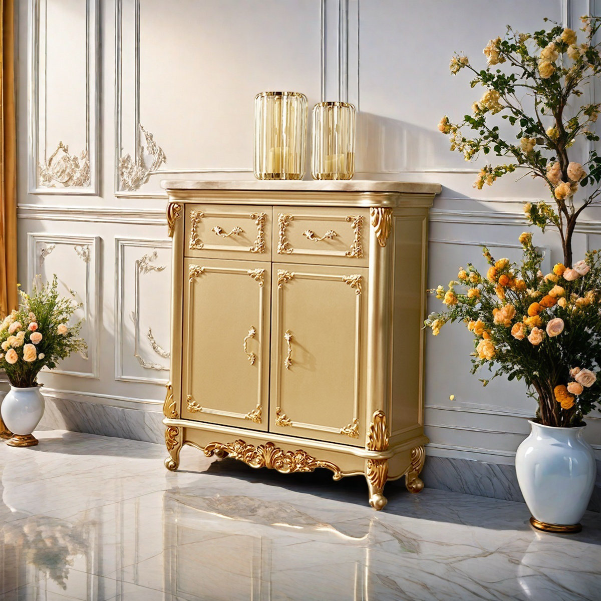 Rosdorf Park Champagne Gold Marble Storage Cabinet with Carved ...