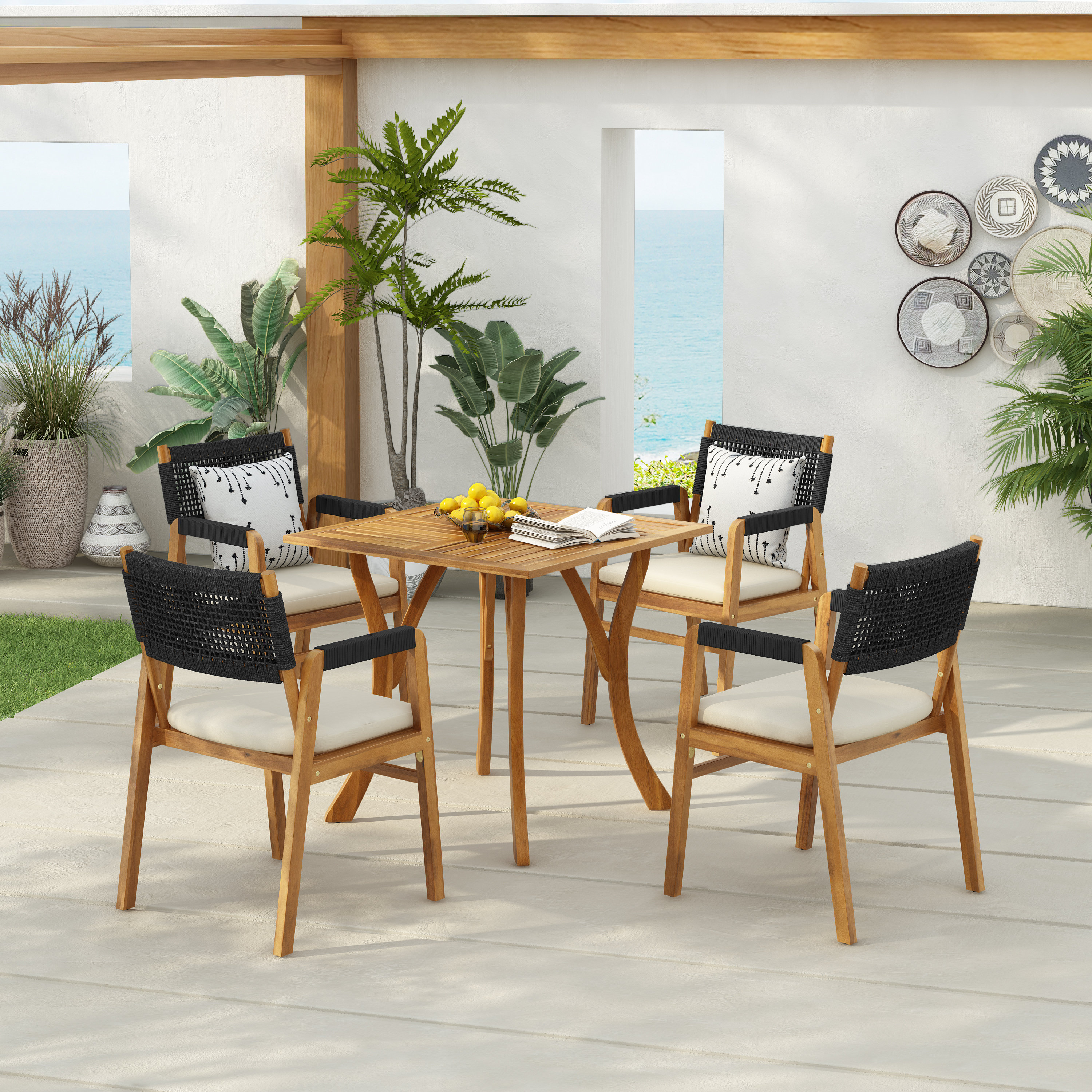 Red Barrel Studio® Toray Outdoor Wood & Rope Dining Set | Wayfair