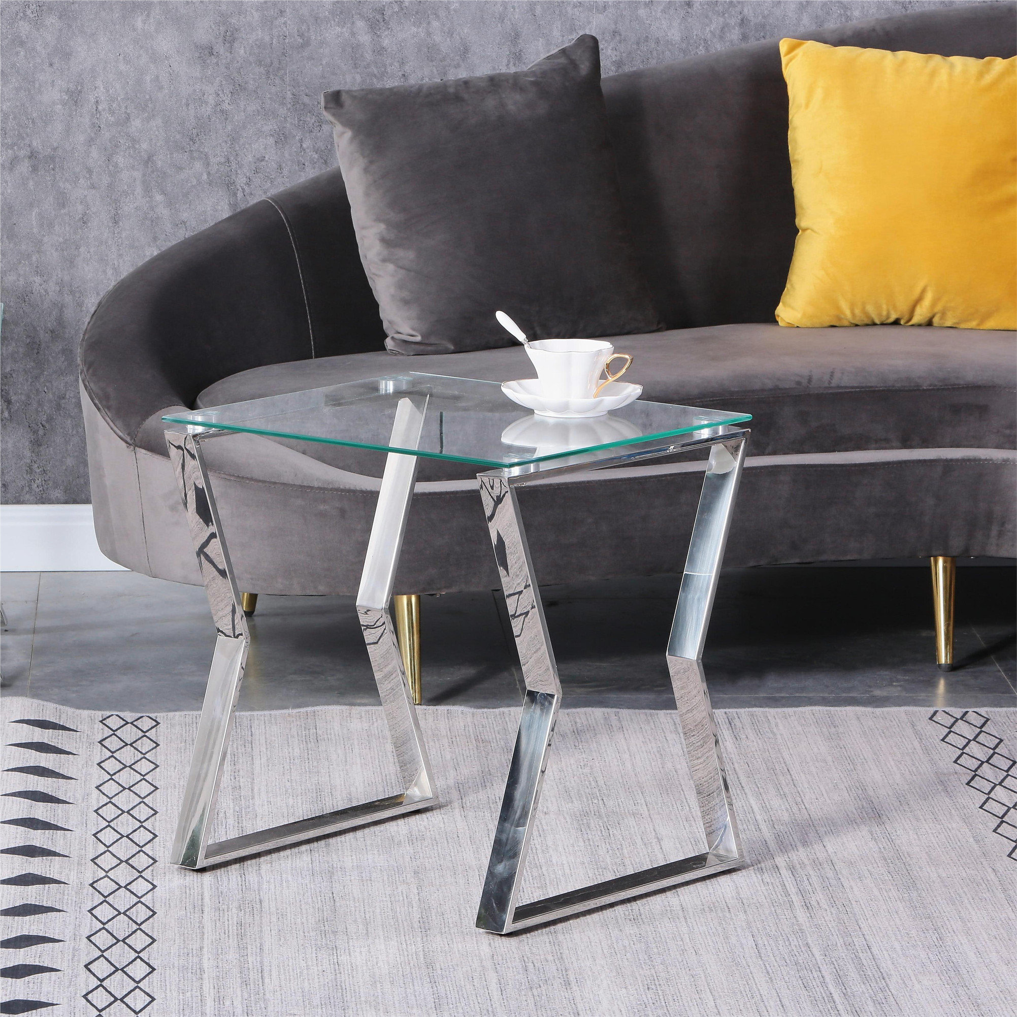 Ivy Bronx Stainless Steel End Table Silver Glass Table For Living Room ...