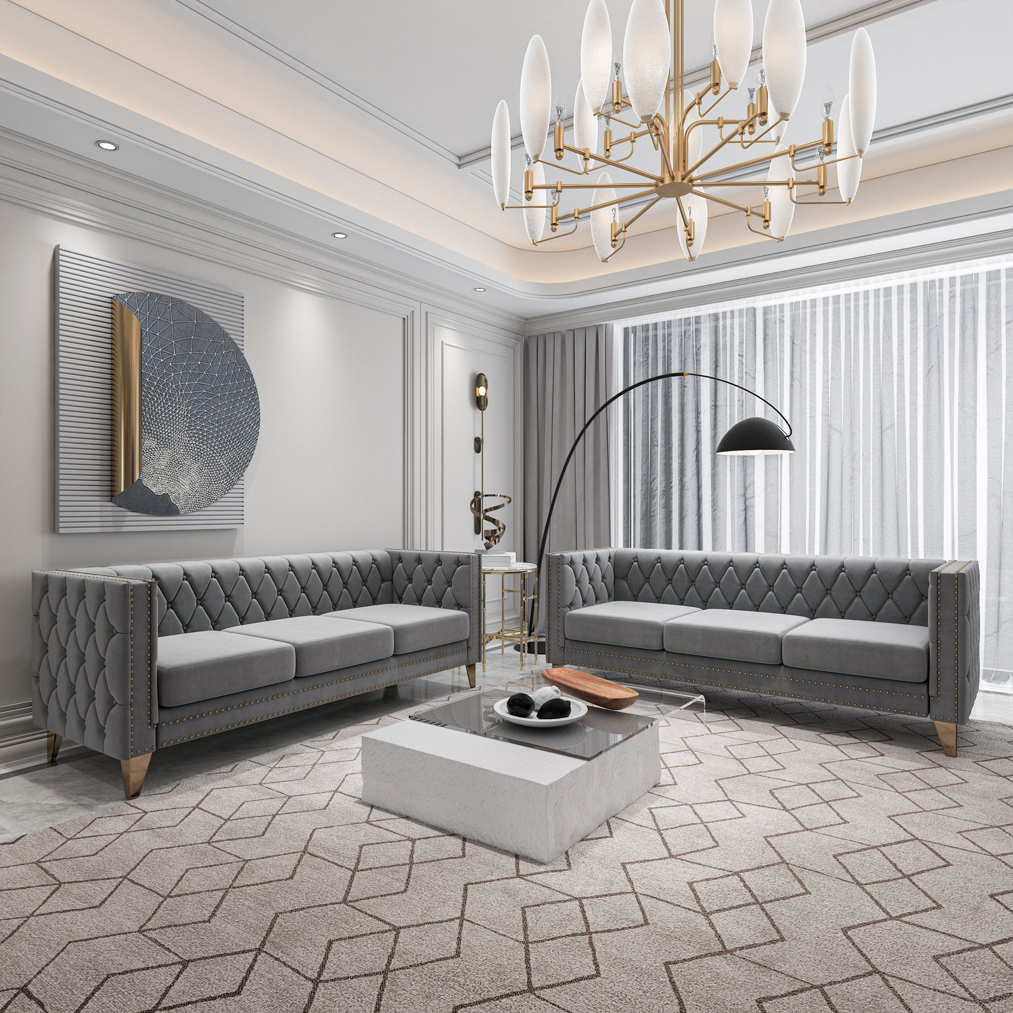 Everly Quinn {contact Us For 3d Modelling} Velvet Sofa For Living Room,buttons Tufted Square Arm ...