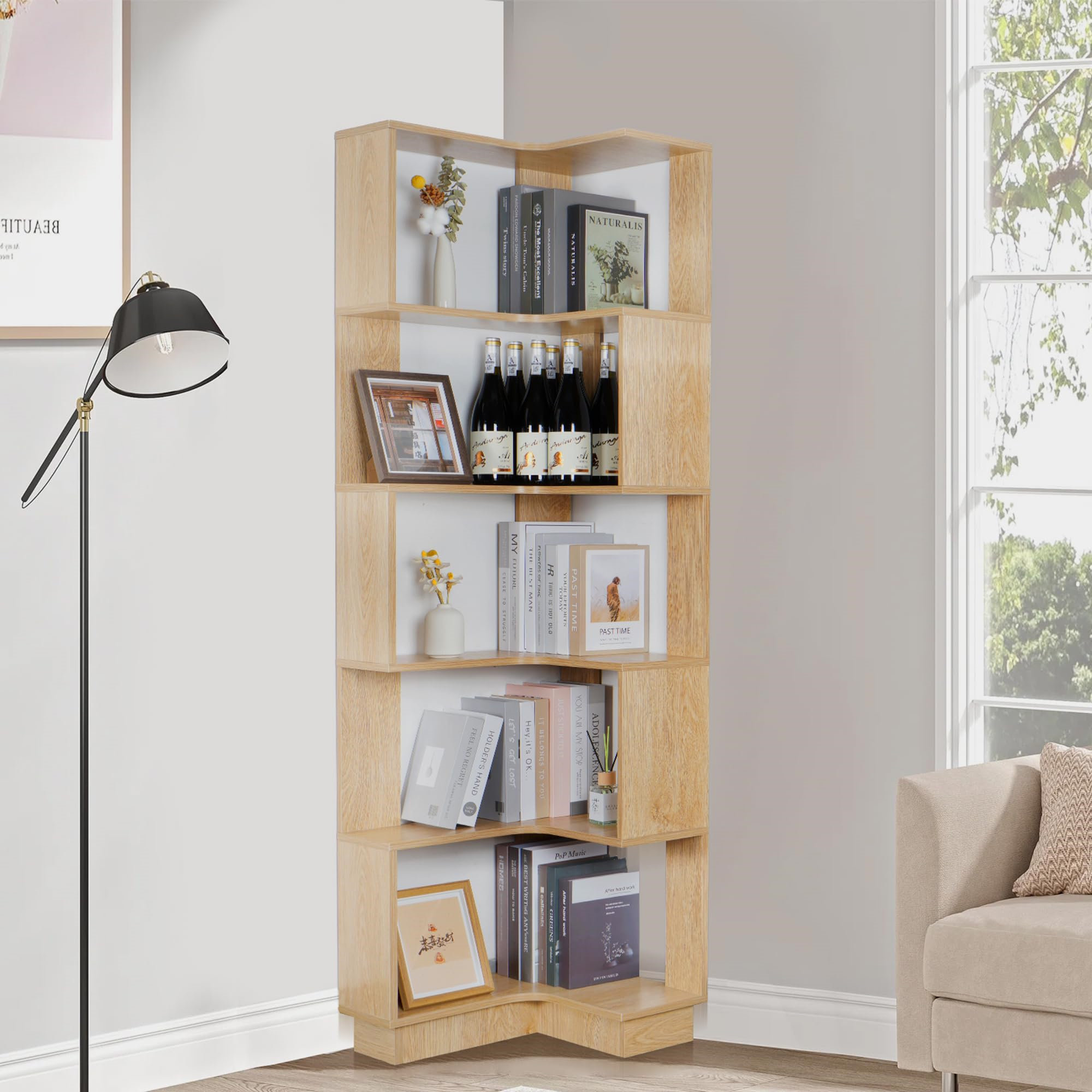 Latitude Run 5 Tiers Book Shelf Corner Bookcase Unit Freestanding Book ...