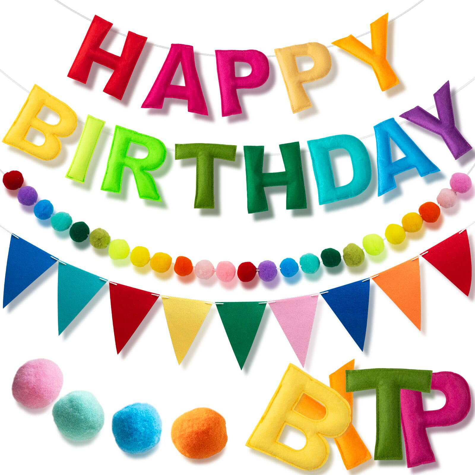 Zeki Shoggy Colorful Happy Birthday Felt Banner, Pre-Strung Rainbow ...