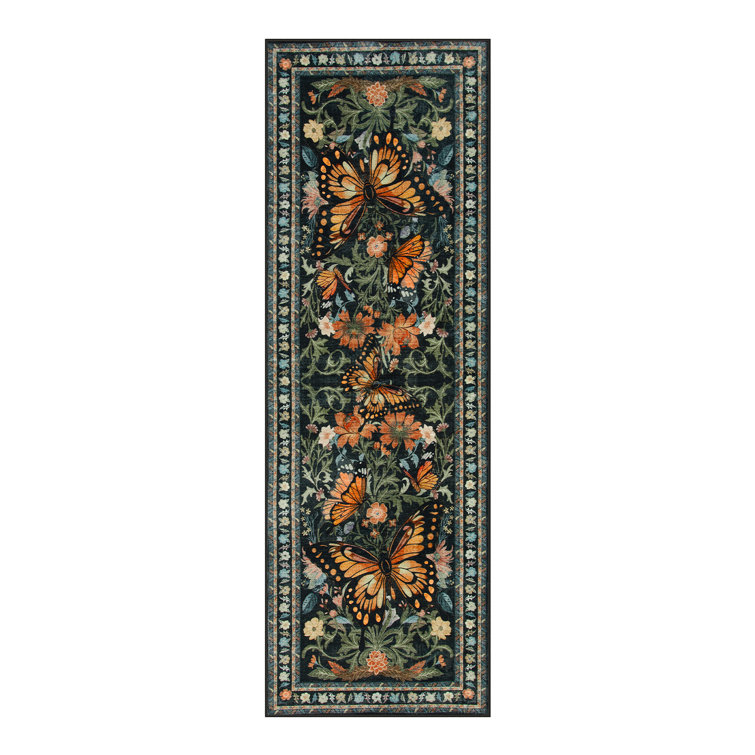 Rosalind Wheeler Washable Maximalist Floral Butterfly Rug – Non-Slip ...