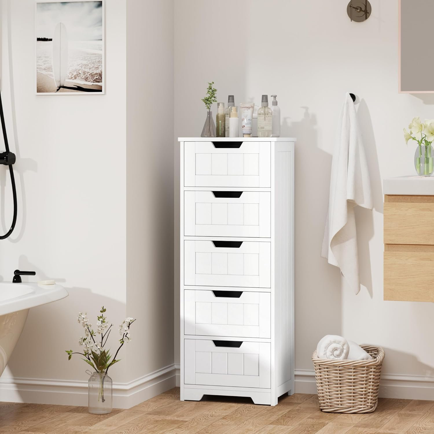 Hokku Designs Bathroom Floor Cabinet With 5 Drawers,Wooden Storage ...