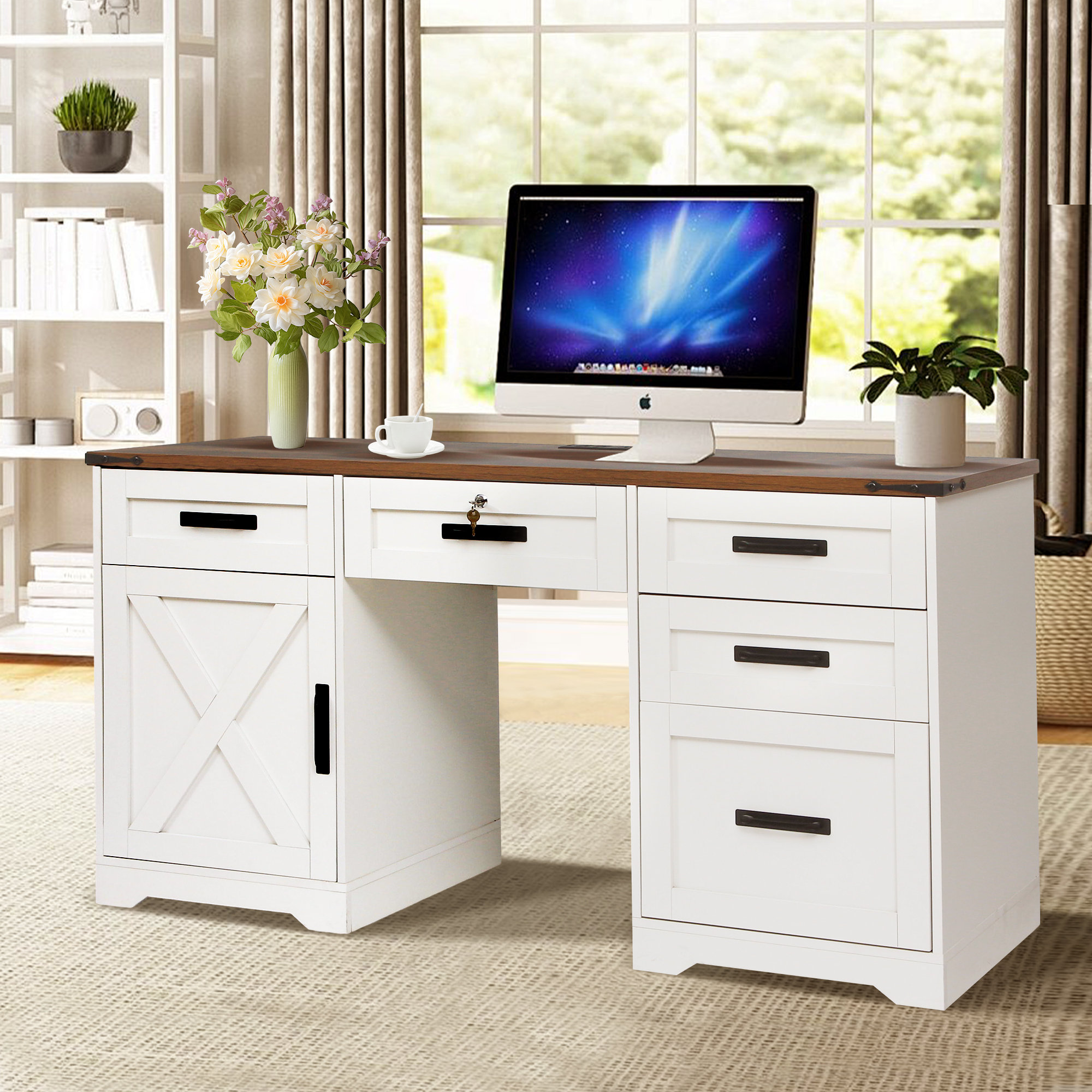 Gracie Oaks 60" Farmhouse Executive Desk with Drawers, Wood Home Office ...