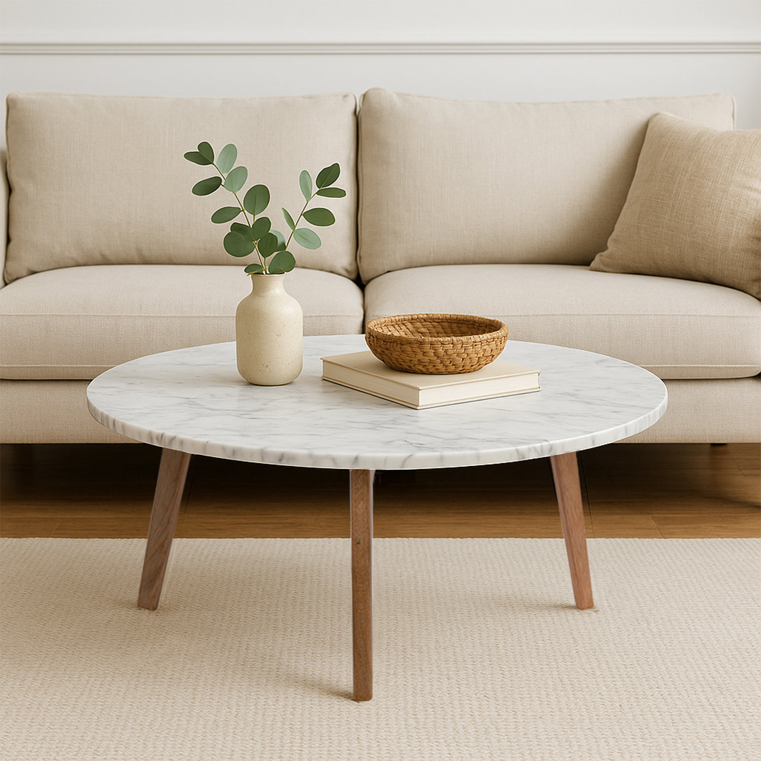 George Oliver Andrea 31" Round Italian Carrara Marble Coffee Table With ...