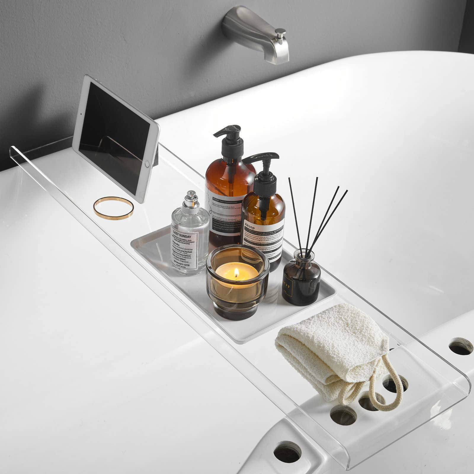 Brayden Studio® Clear Bathtub Tray Caddy, Bath Tub Rack Shelf, Luxury ...