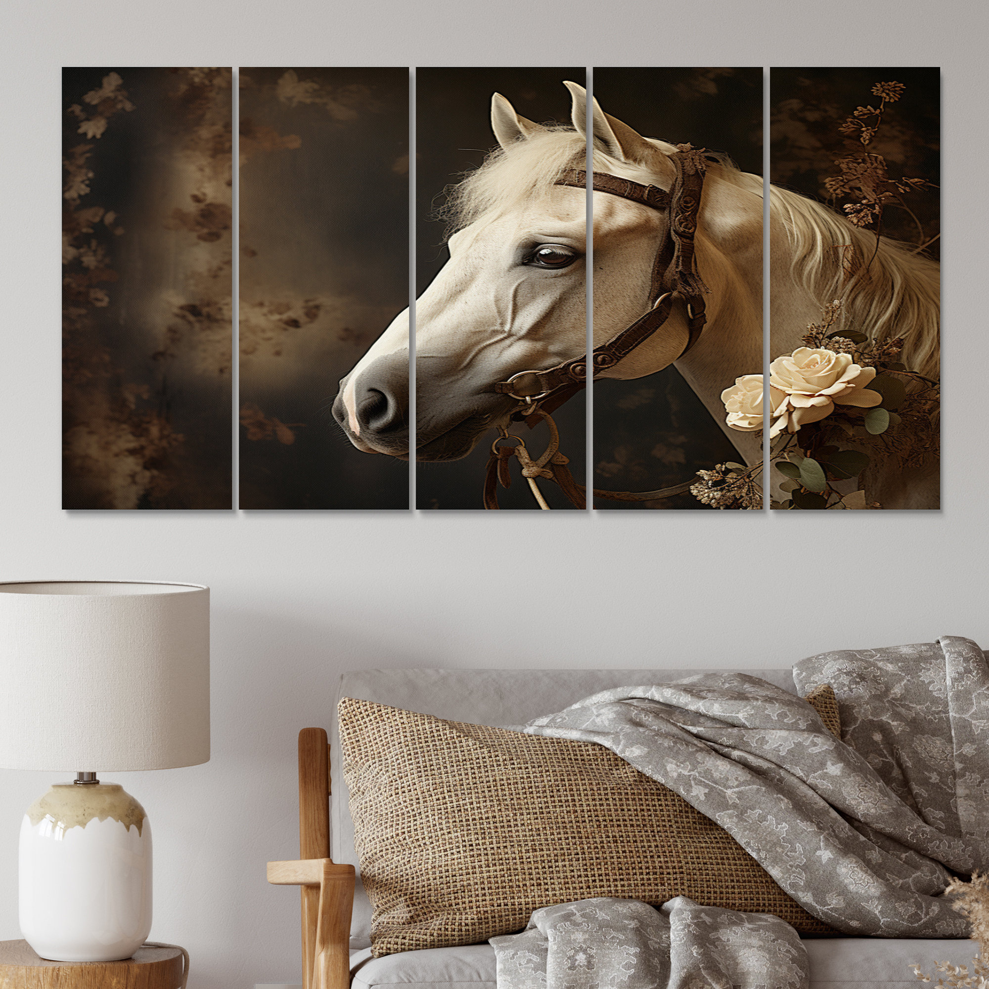Design Art White Beige Horse Majestic Duality - Animals Canvas Art ...