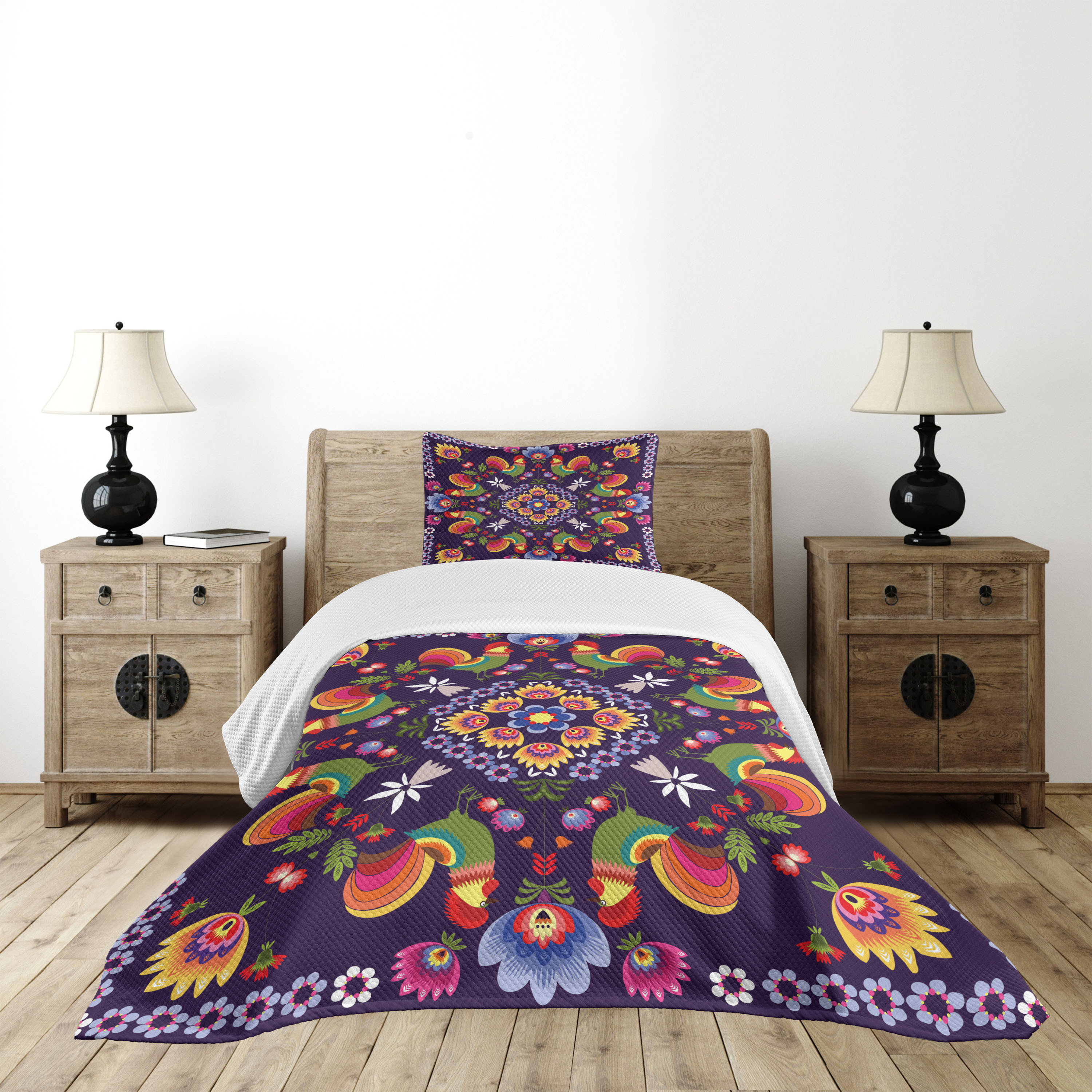 Ambesonne Polish Folk Art Bedspread Set Rooster and Flowers Multicolor ...