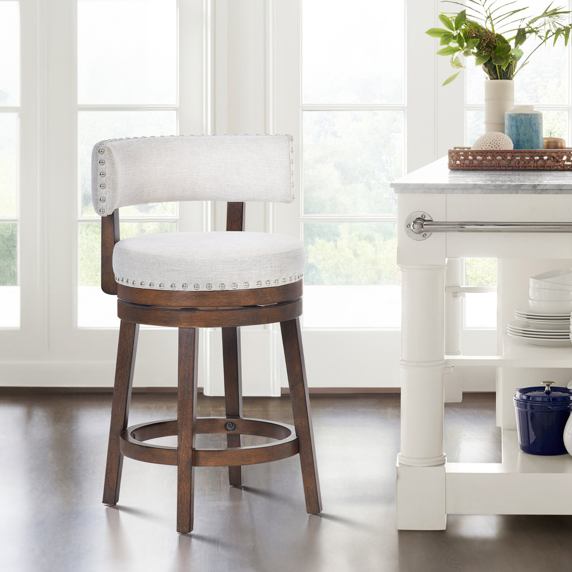 Winston Porter Swivel Upholstered Counter Bar Stool with Solid Wood ...