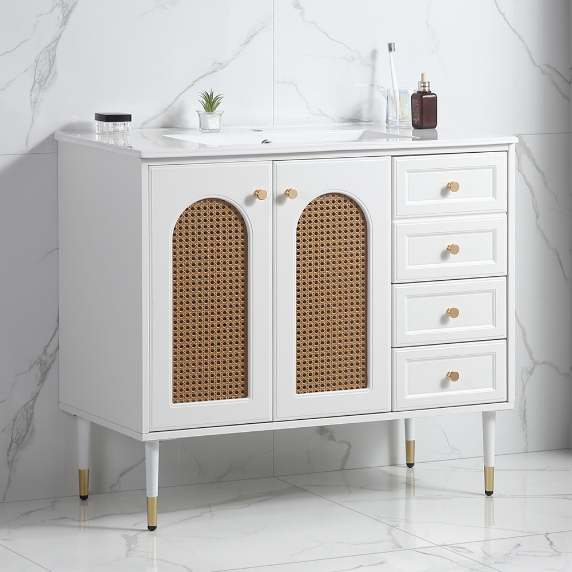 Everly Quinn Bathroom Vanity With Ceramic Basin, Rattan Bathroom ...