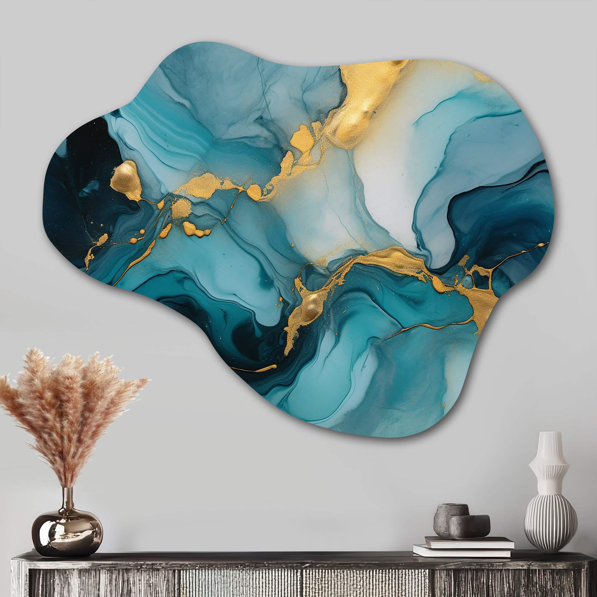 Mercer41 Turquoise Gold Infused Marble II - Cloud Fractals Metal Wall ...