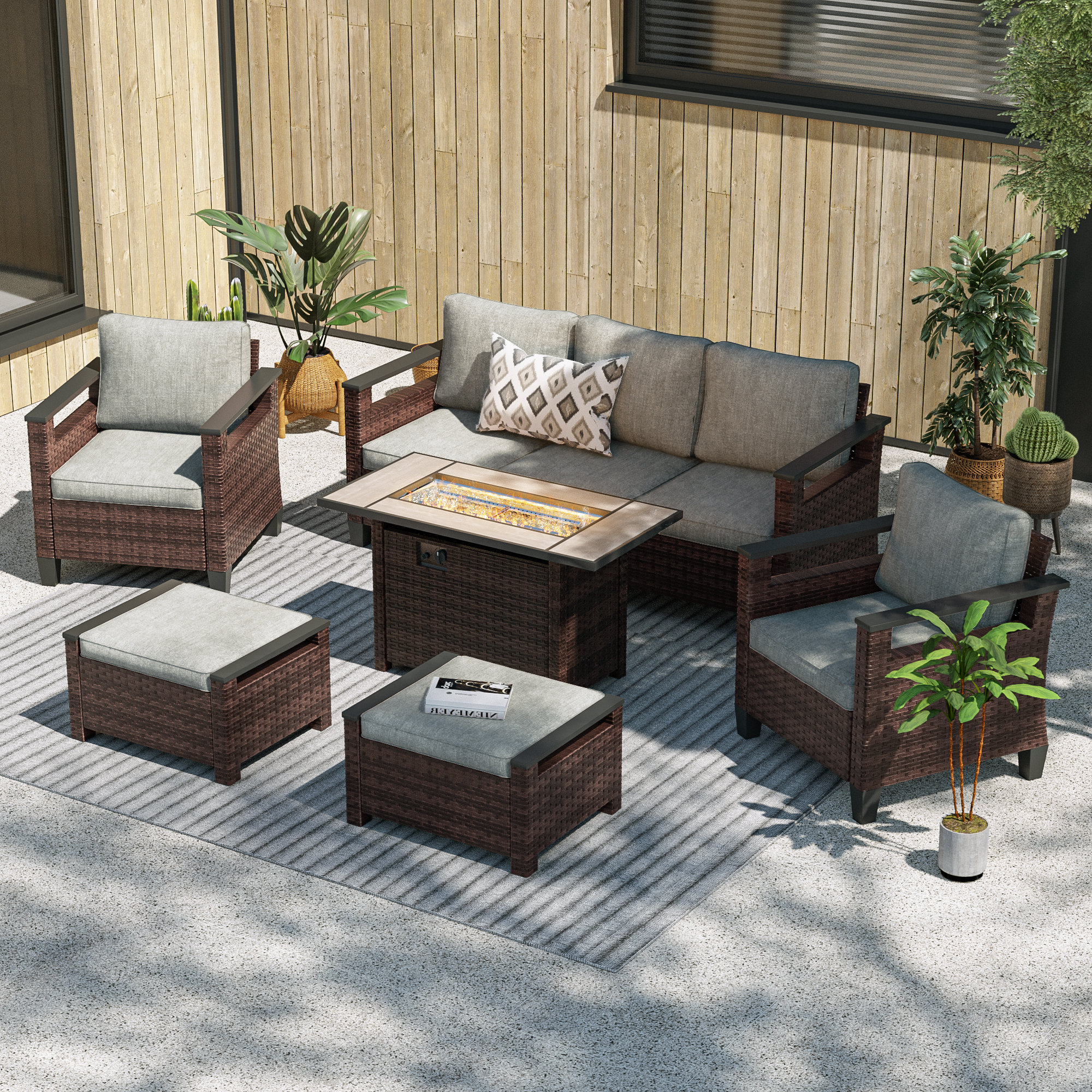 Latitude Run® Patio Sofa Set with Ottoman & Rectangle Fire Pit Table, 6 ...