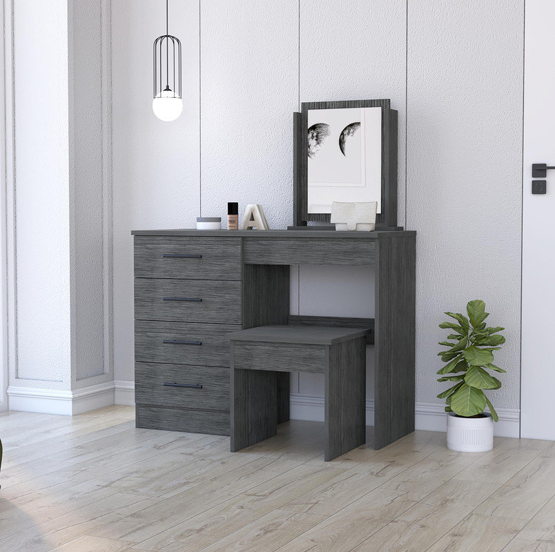 Gracie Oaks Smokey Oak Makeup Vanity Set - Stonington 4-Drawer Dressing ...