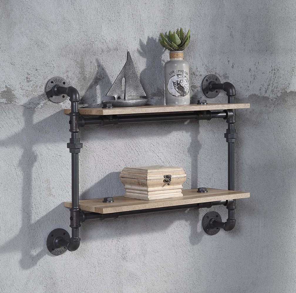 Williston Forge 2 Tier Wall Shelf with Metal Tube, Oak and Sandy Black ...