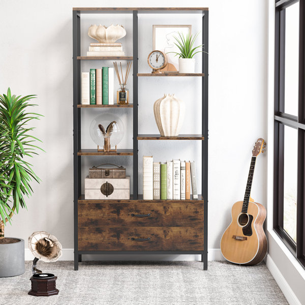 17 Stories Raivyn 66.92" Tall Etagere Bookcase Bookshelf with 2-drawers ...