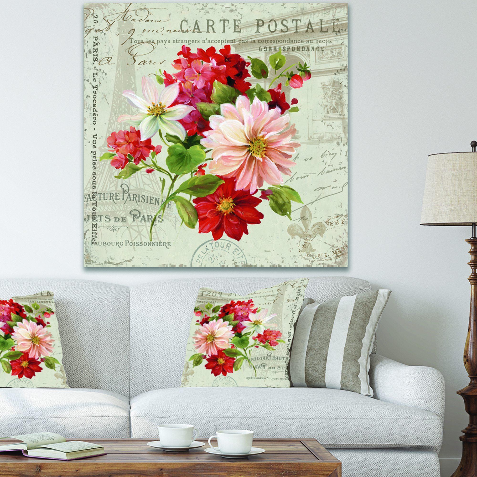 East Urban Home Red Painted Flowers On Vintage Postcard II - Farmhouse ...