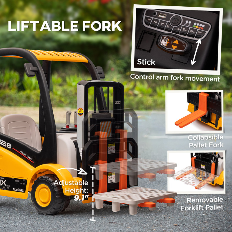 Qaba 12V 360° Rotation Kids Ride on Forklift Car with Tent Liftable ...