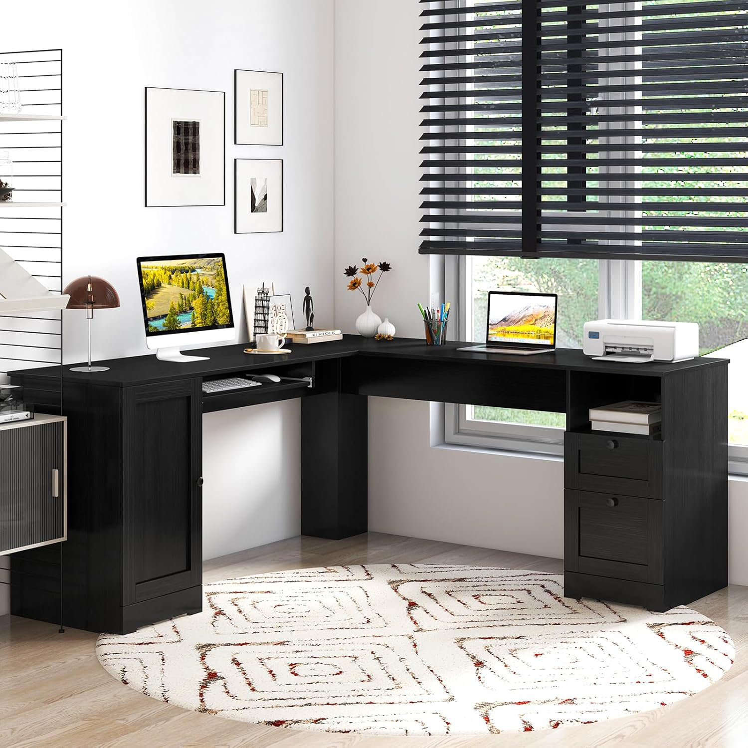 17 Stories L-Shaped Desk With Storage Drawers & Charging Station ...