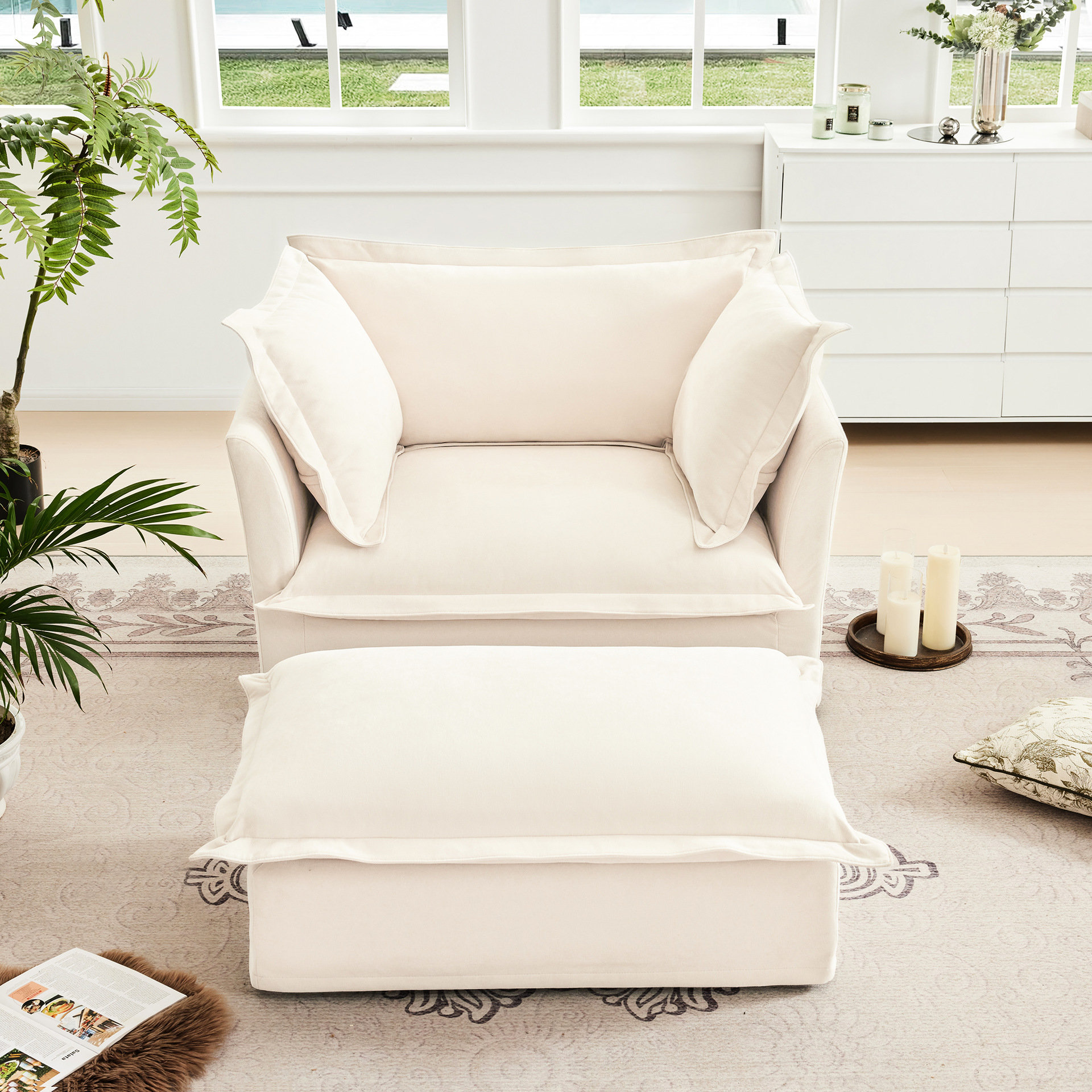Mercer41 Living Room Armchair - Cream, Soft Chenille, Spacious ...